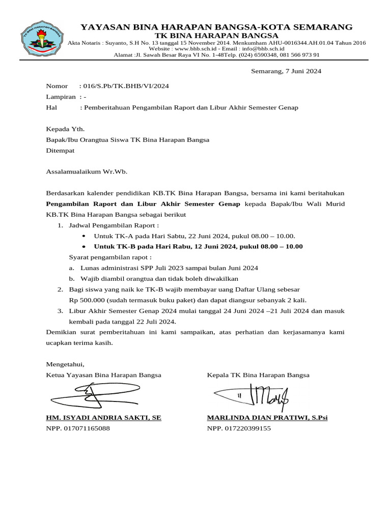 Surat Edaran Libur Semester Genap | PDF
