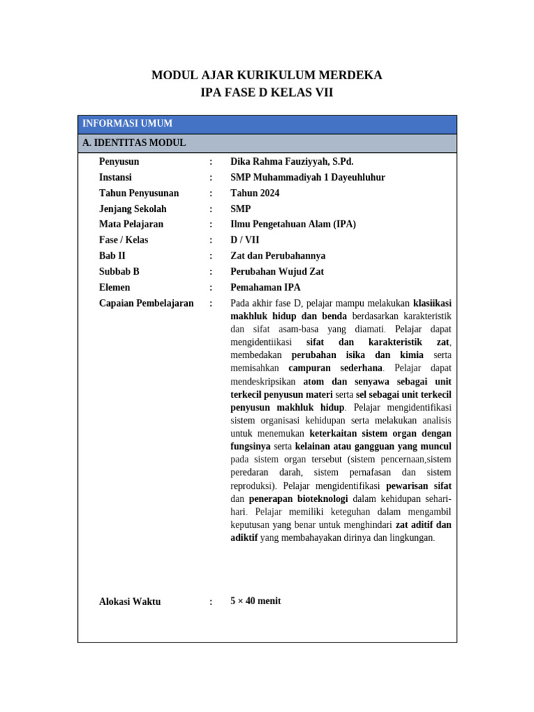 MA1.7.7 - Perubahan Wujud Zat - Dika Rahma Fauziyyah - DIKA RAHMA FAUZIYYAH | PDF