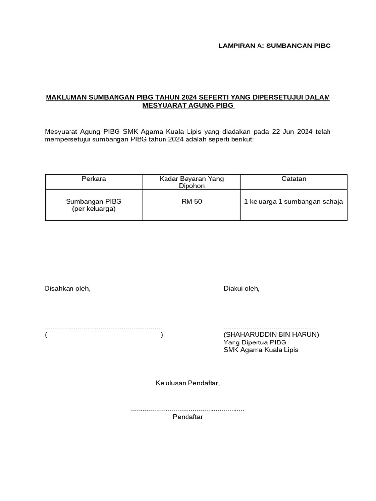 Surat Minta Duit Sumbangan Pibg - 2024 | PDF