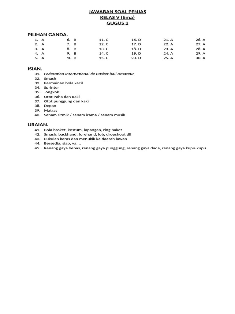 Kunci Jawaban Penjas Kelas 5 Gugus | PDF