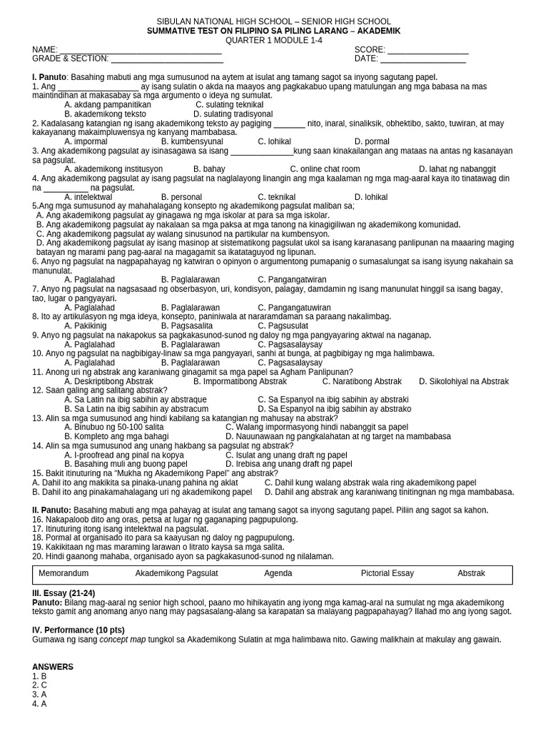 Piling Larang Akad Q1 M1-4 Midterm 2021-2022 Summative Test | PDF