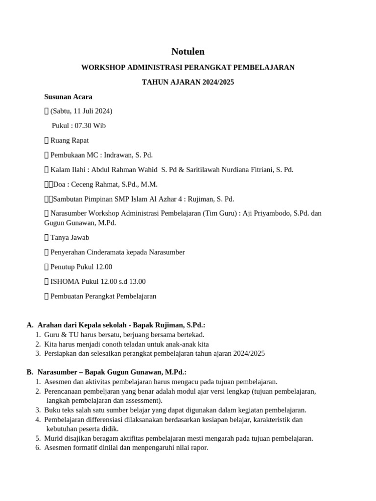 Notulen Workshop Administrasi Perangkat Pembelajaran T.A 2024 2025. Sabtu, 13 Juli 2024 | PDF