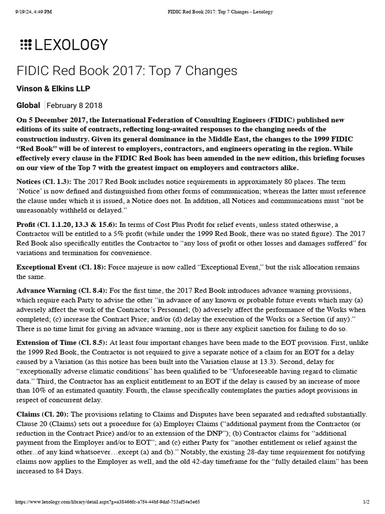 Fidic Red Book 2017 Top 7 Changes Lexology Pdf Common Law