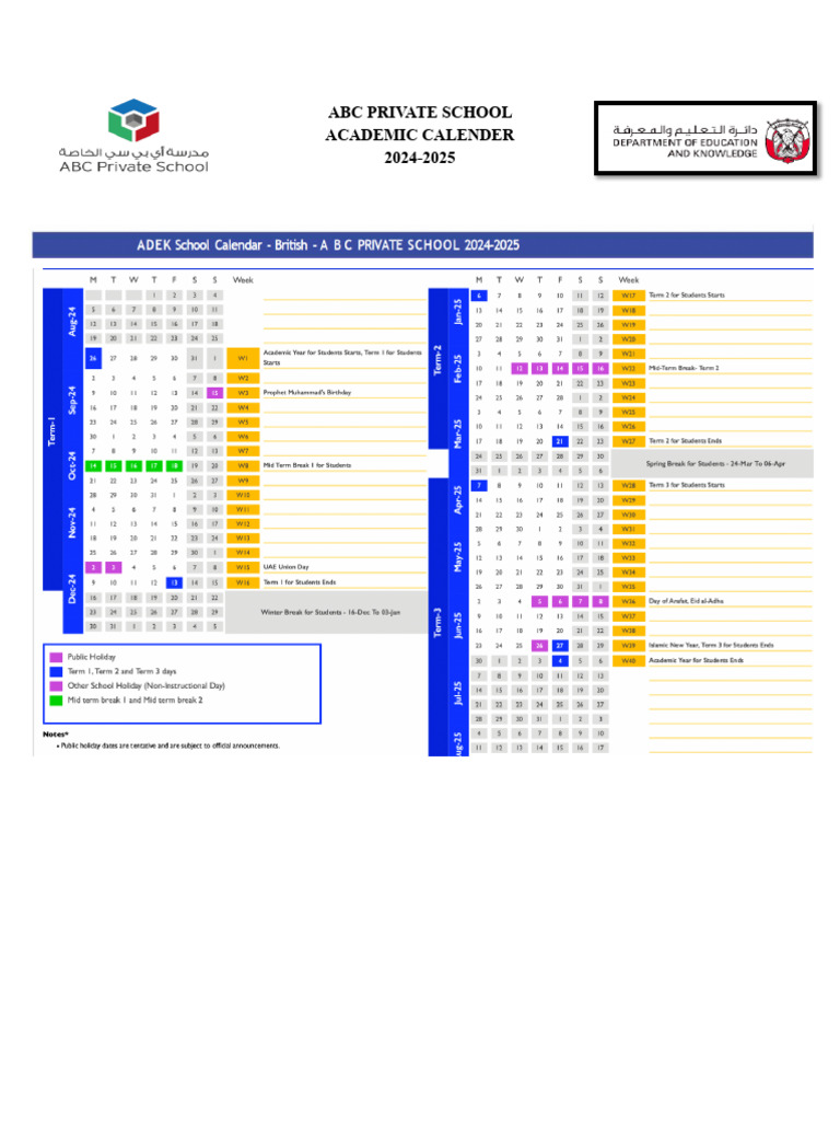 ABC PRIVATE SCHOOL Calendar 2024-2025 | PDF