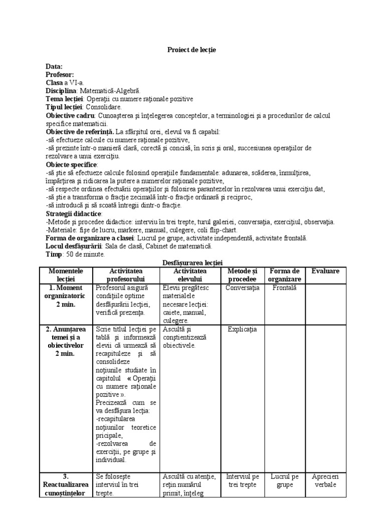 Plan de Lectie Clasa A-6-A | PDF