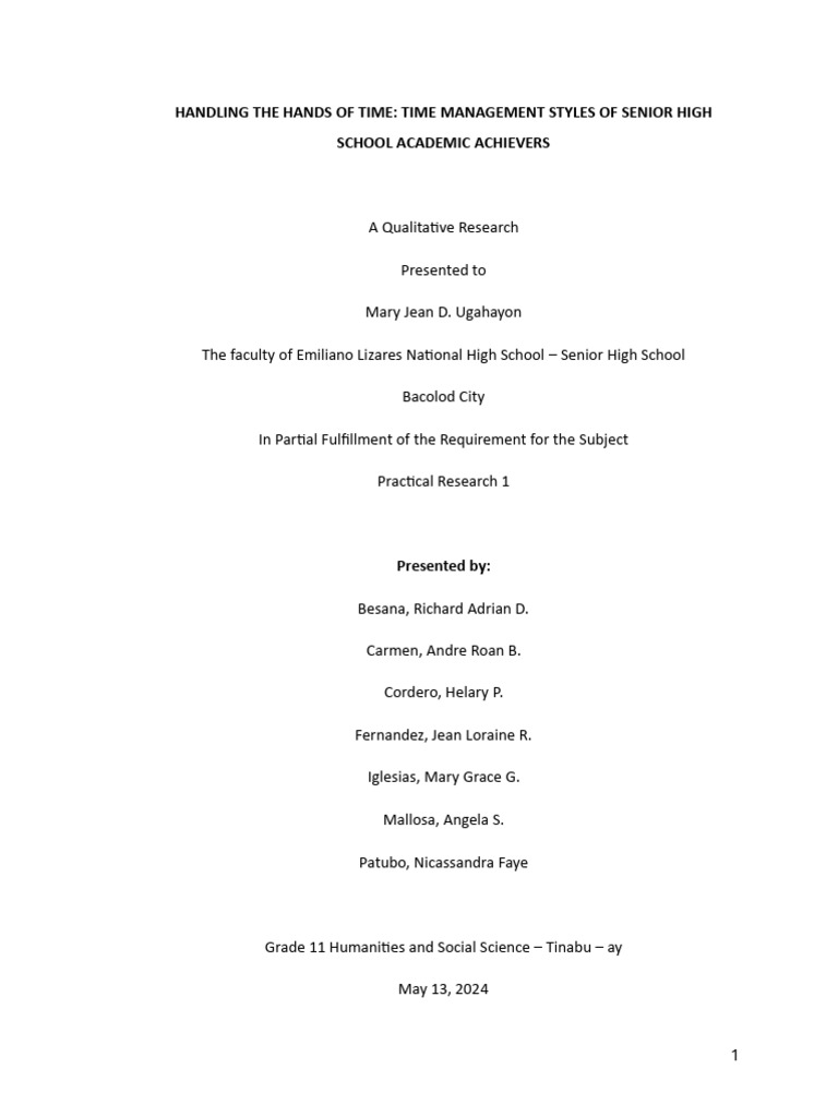 Handling The Hands of Time Time Management Styles of Senior High School ...