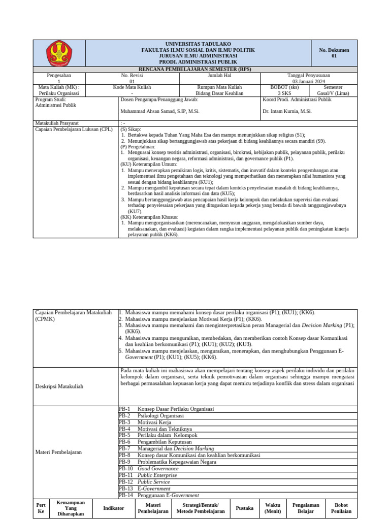 Contoh RPS Perilaku Organisasi | PDF