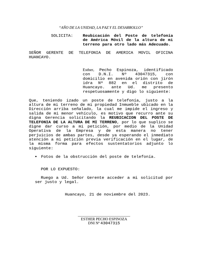 Solicitud de Reubicacion Del Poste dirigida a America movil | PDF Solicitud de Reubicacion Del Poste dirigida a America movil | PDF