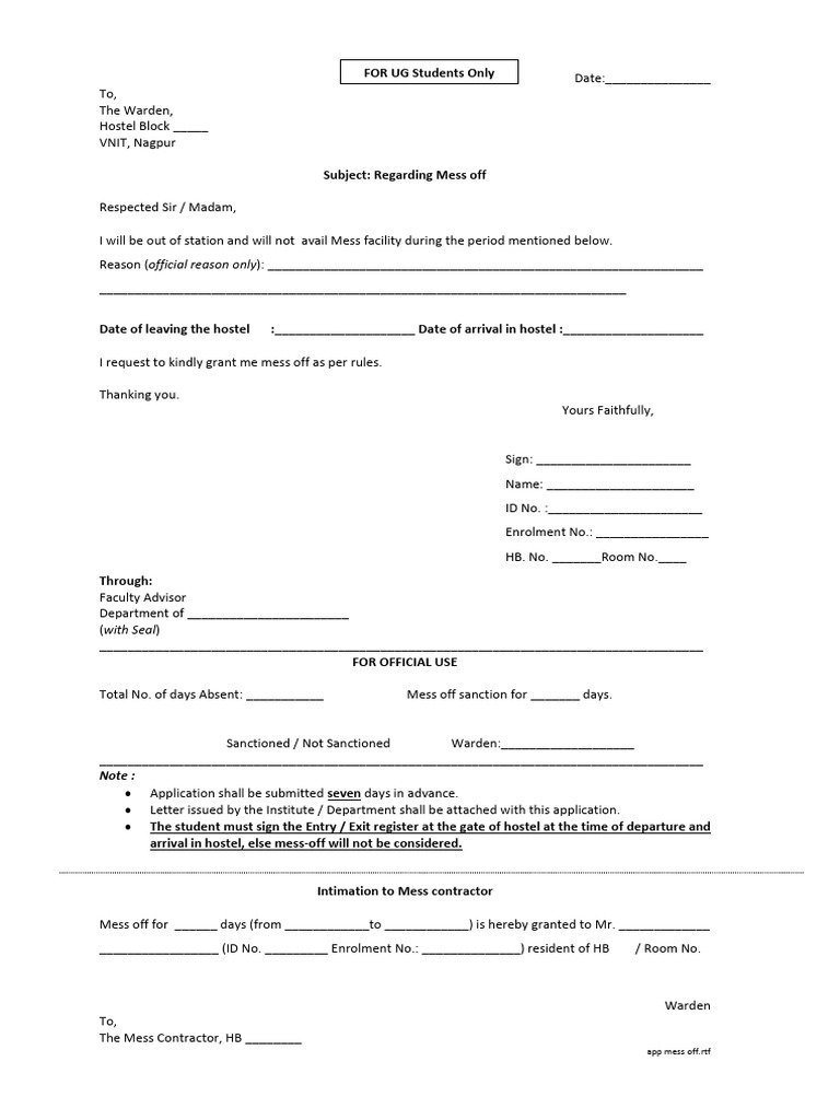 34 Mess Off Format For UG | PDF