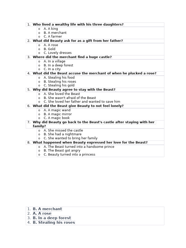 Beauty and the Beast Quiz Answers | PDF