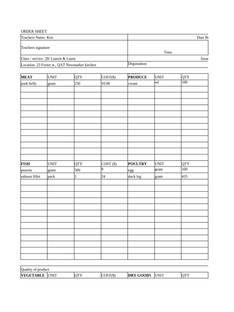 Table Dhote - Order Sheet | PDF | Foods | Cuisine