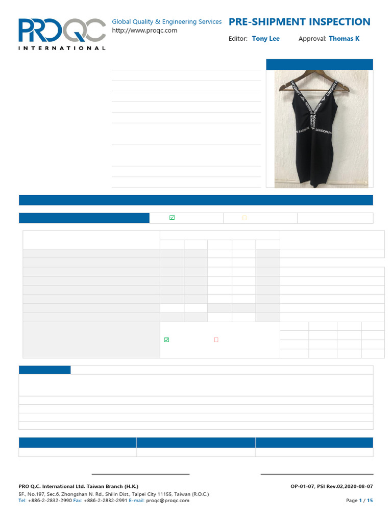 Pre-Shipment Inspection Report for Garments | PDF | Taipei