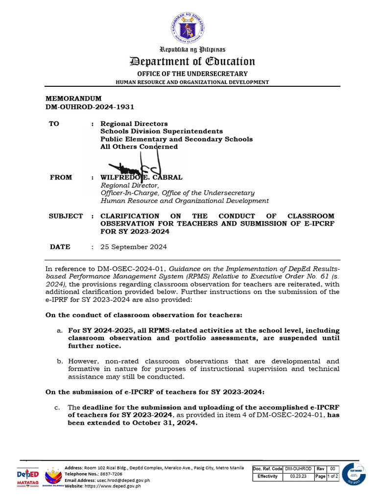 DM OUHROD 2024 1931 Conduct of Classroom Obs and Extension of Deadline EIPCRF Submission 1 | PDF