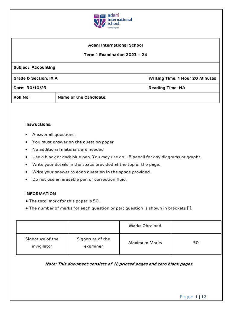 IX - ACC - Term Paper - QP - 30th OCT | PDF | Debits And Credits | Financial Economics