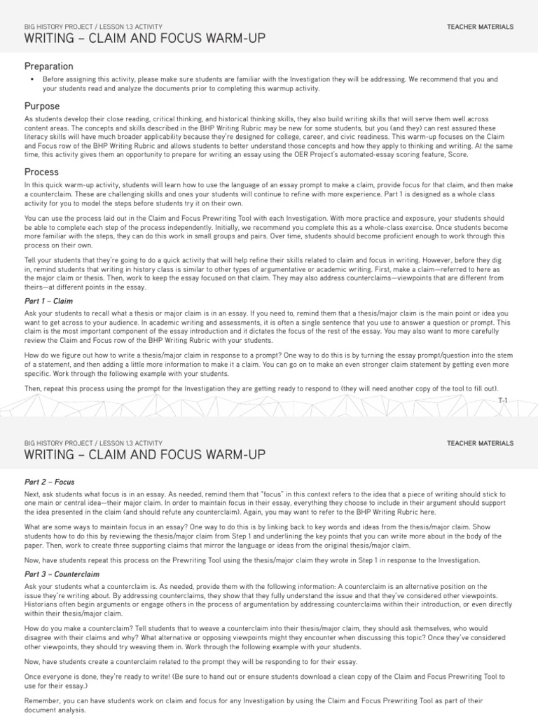 BHP 1-3-8 Activity - Claim and Focus Warmup Teacher | PDF | Essays | Thesis