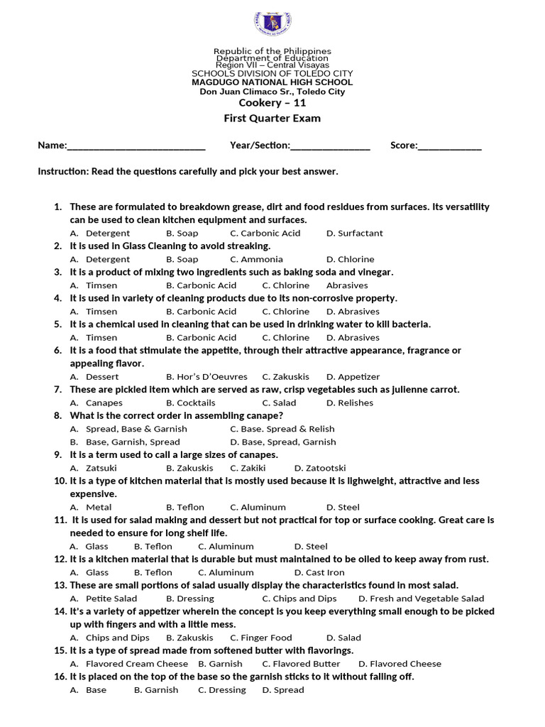1st Quarter Exam Cookery SY24-25 | PDF | Knife | Salad