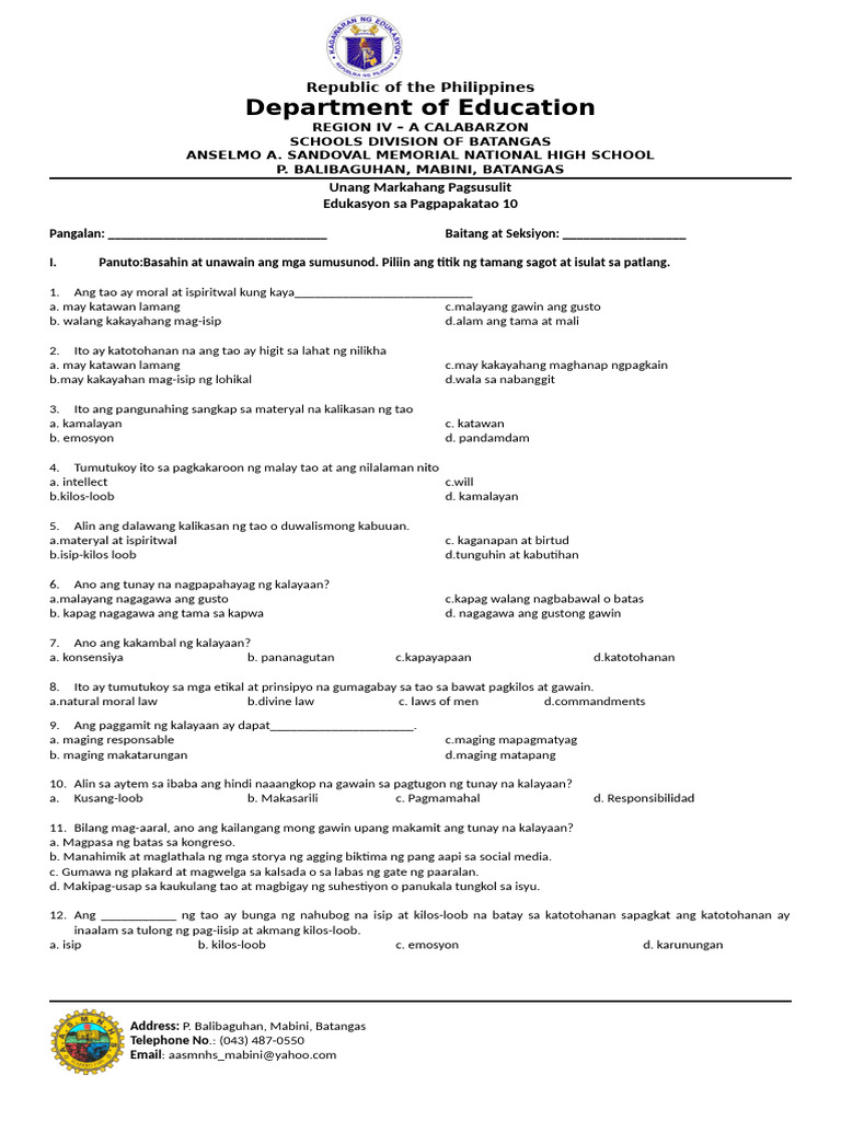 Unang Markahan Sa Esp 10 | PDF