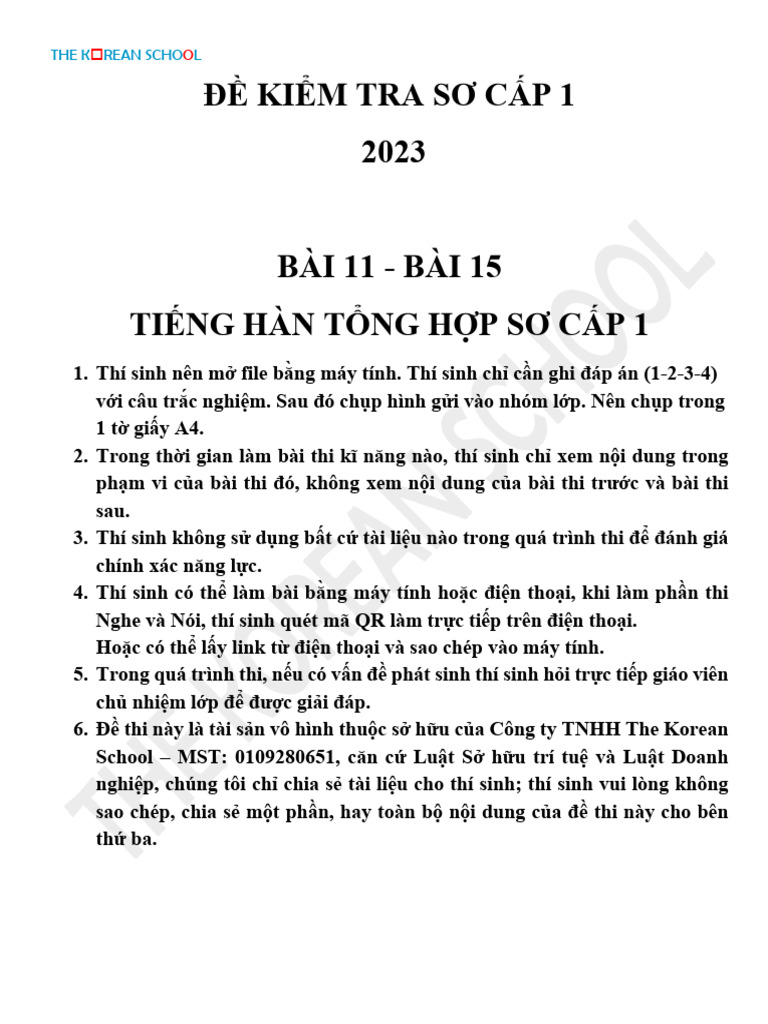 ĐỀ THI SƠ CẤP 1 BÀI 1112131415 | PDF