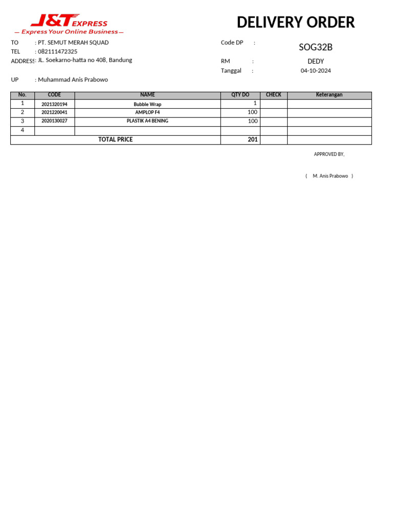 Delivery Order for Packaging Supplies | PDF