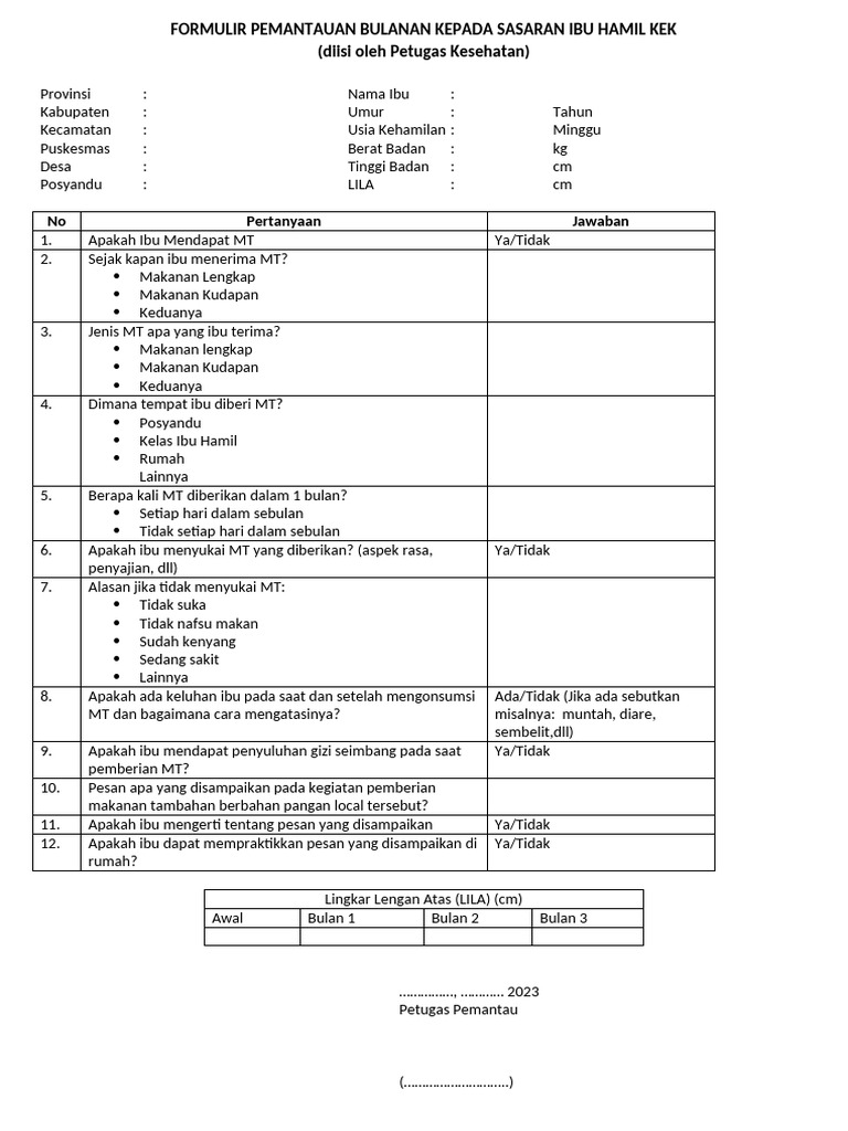 FORMULIR PEMANTAUAN BULANAN PMT LOKAL | PDF