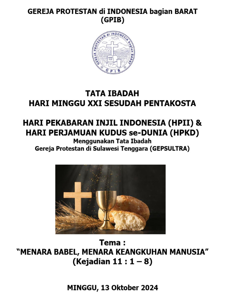 (Revisi) Tata Ibadah Hari Minggu 13 Oktober 2024 Perjamuan Kudus HPII & HPKD 2024 | PDF