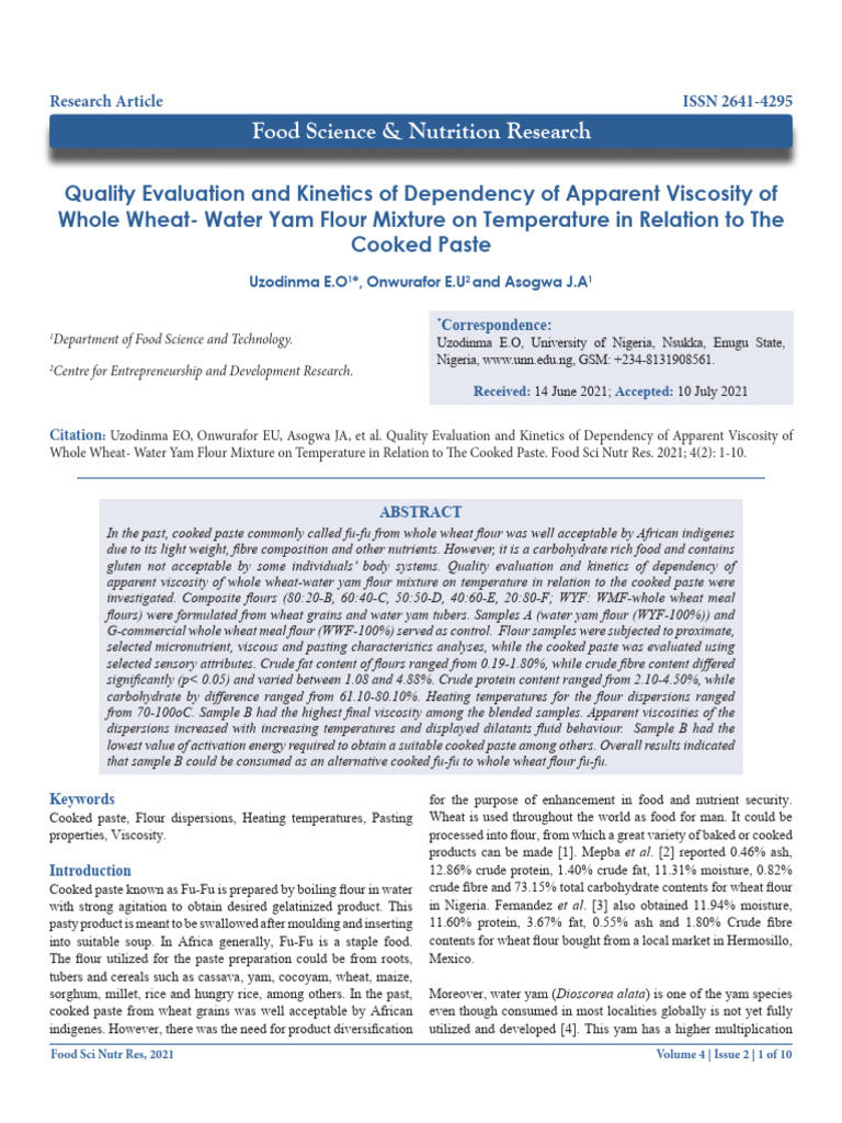 Food Science & Nutrition Research | PDF | Viscosity | Flour