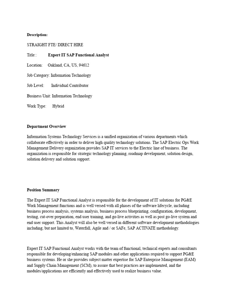 Expert IT SAP Functional Analyst - Full Time Role | PDF | Software ...