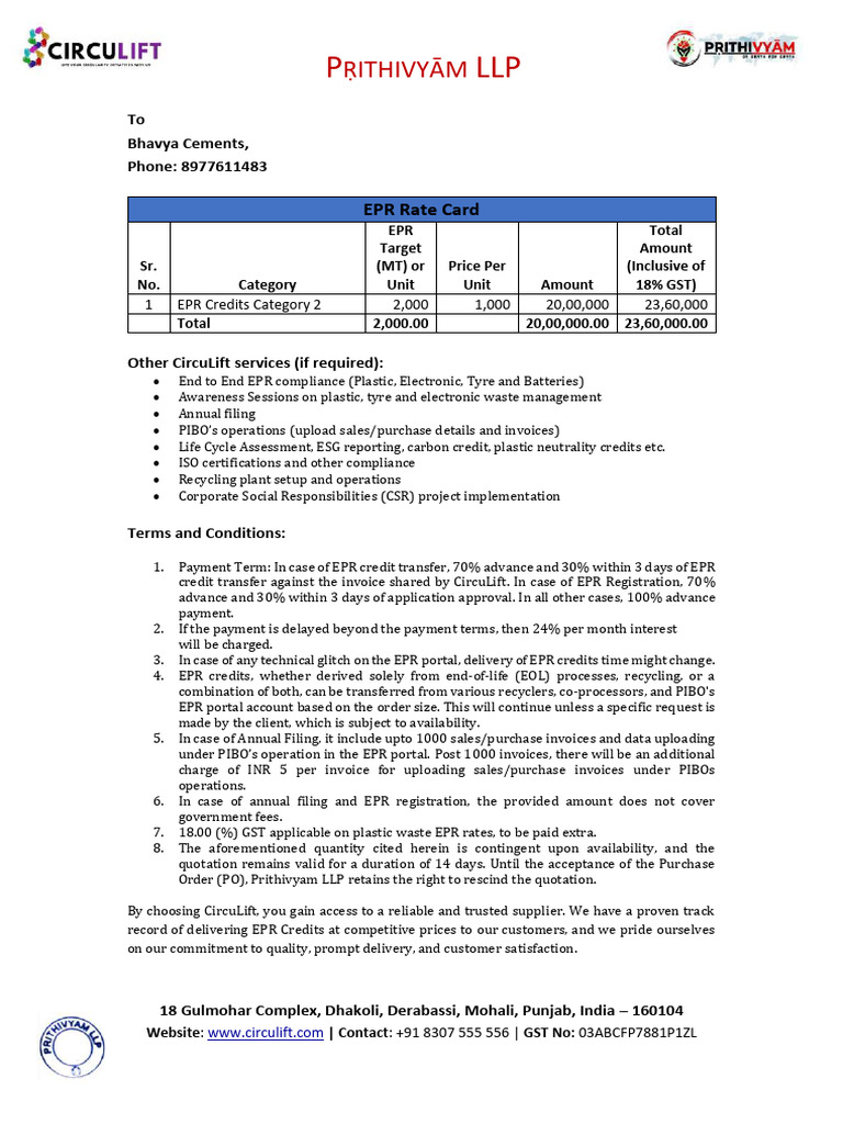 EPR Quotation For Plastic - Bhavya Cements - by - CircuLift | PDF ...