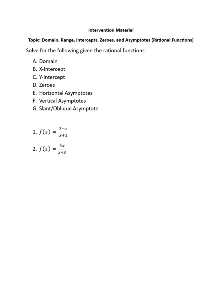Intervention Material Domain Range Intercepts Zeroes and Asymptotes ...