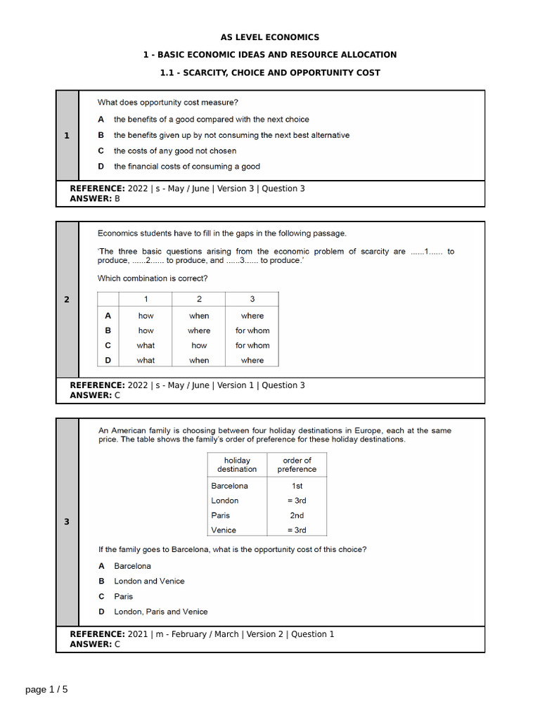 AS Level Economics - 1.1 - Scarcity, Choice and Opportunity Cost | PDF