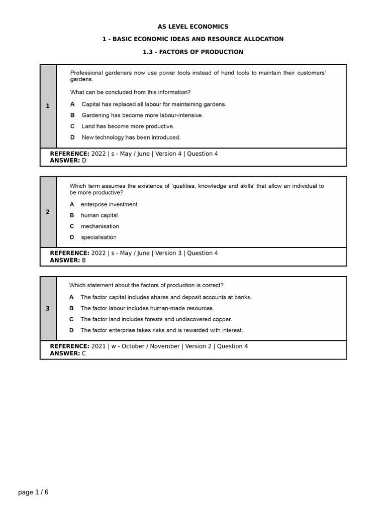 AS Level Economics: Factors of Production | PDF | Economies | Economics