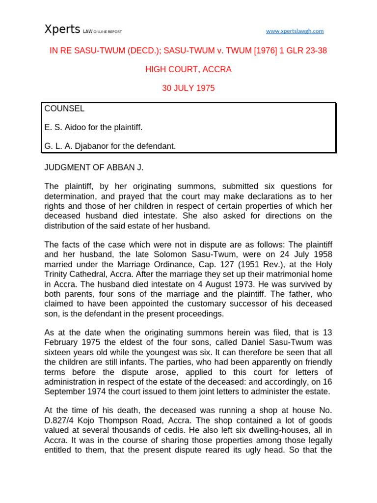 IN RE SASU-TWUM (DECD.) SASU-TWUM v. TWUM (1976) 1 GLR 23-38 | PDF ...