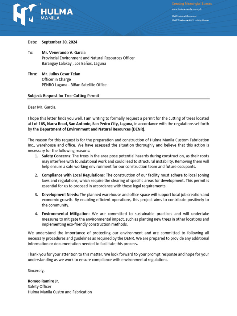 Request For Tree Cutting Permit | PDF | Regulatory Compliance ...