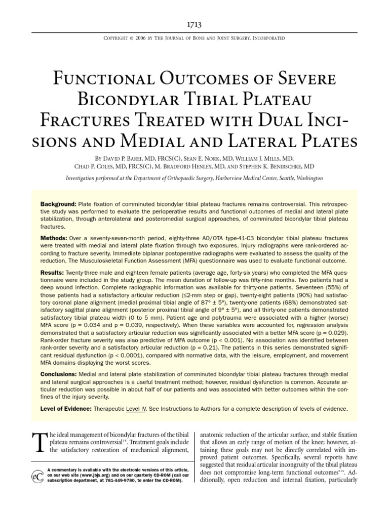 Bicondylar Tibial Plateau Fractures 2006 | PDF | Surgery | Surgical ...