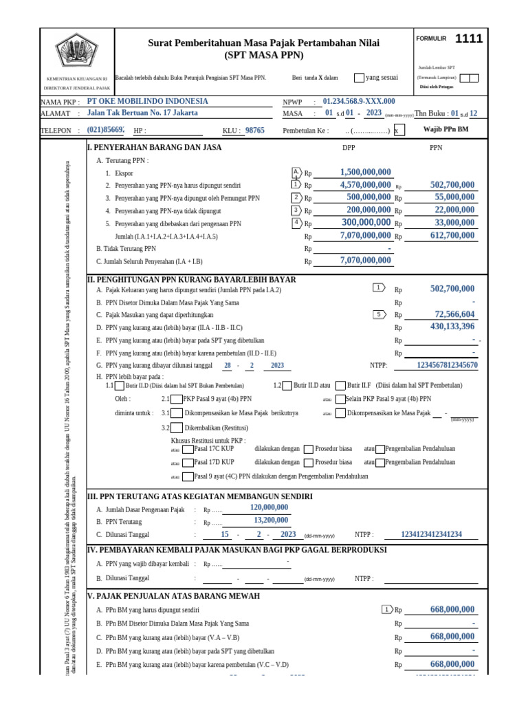 SPT Masa PPN Formulir 1111 2023 | PDF
