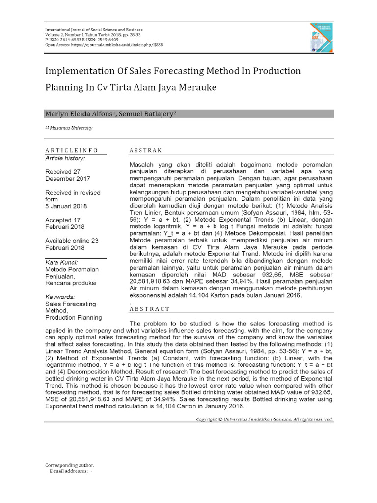 View of Implementation of Sales Forecasting Method in Production ...