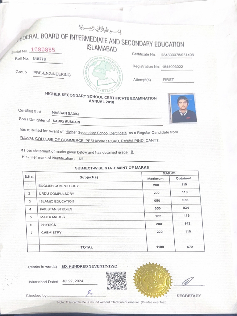 Fsc mark sheet | PDF