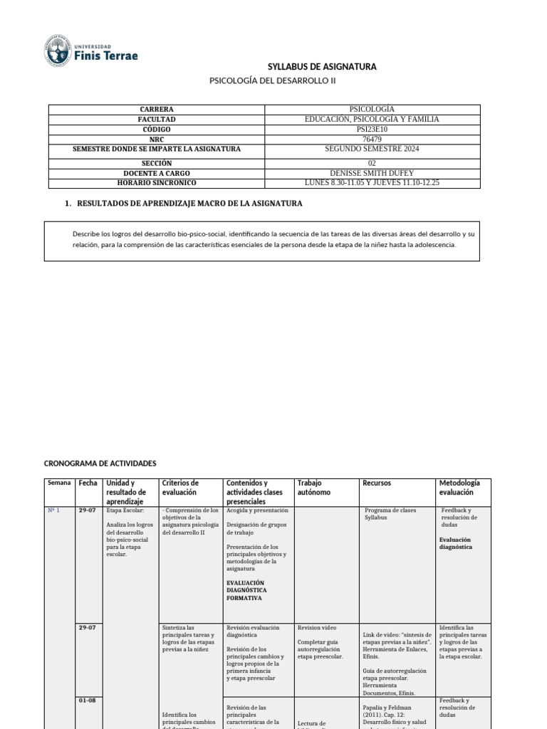 Syllabus 2024 Psic. Desarrollo II Seccion 2 | PDF | Adolescencia | Evaluación