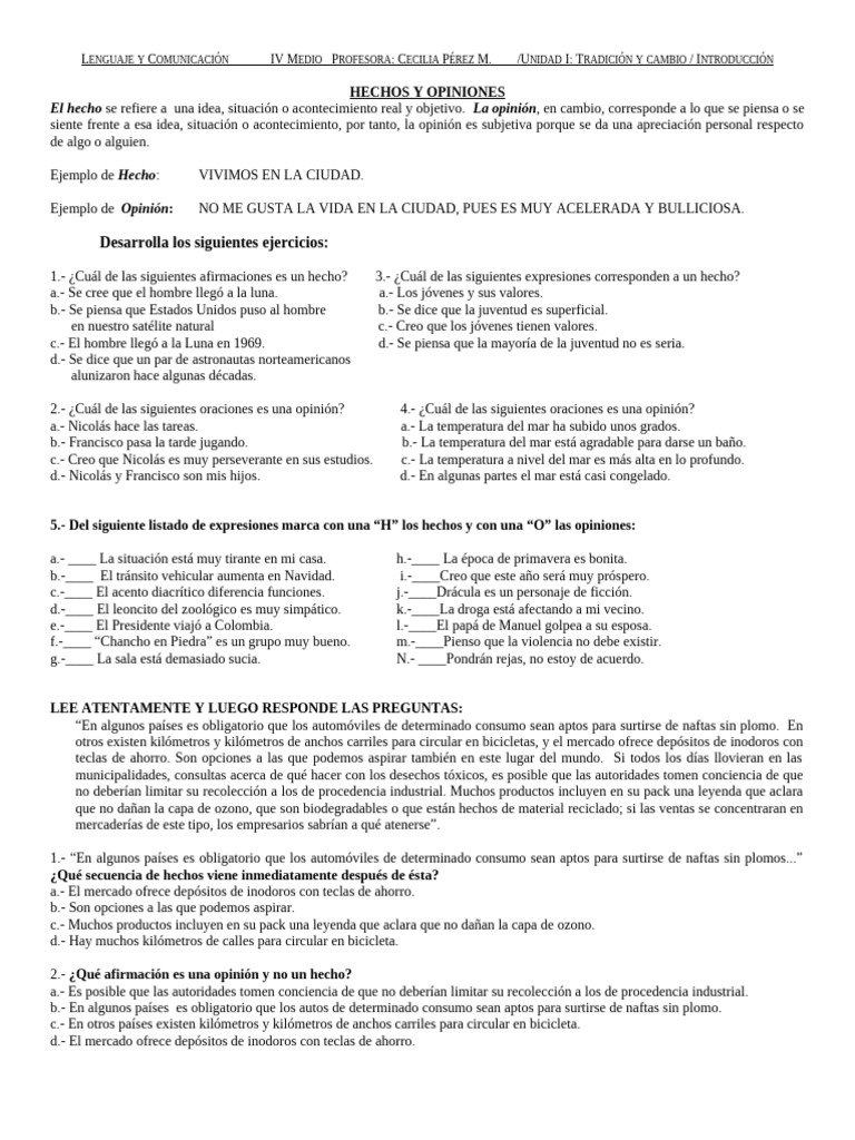 Hechos y Opiniones Ejercicios Iv Medio Imprimir | PDF | el Monte ...