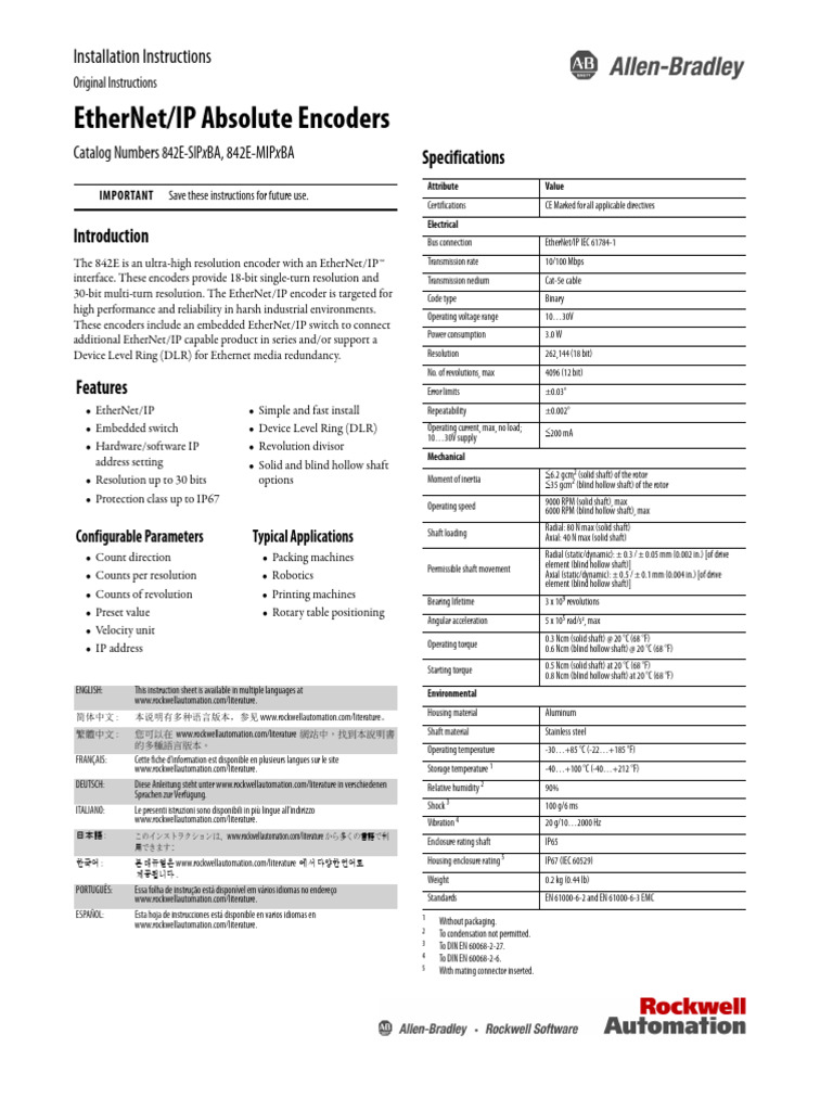 Ethernet/Ip Absolute Encoders: Specifications | PDF | Ethernet ...