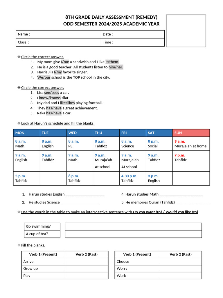 8TH Grade Daily Assessment (Remedy) | PDF