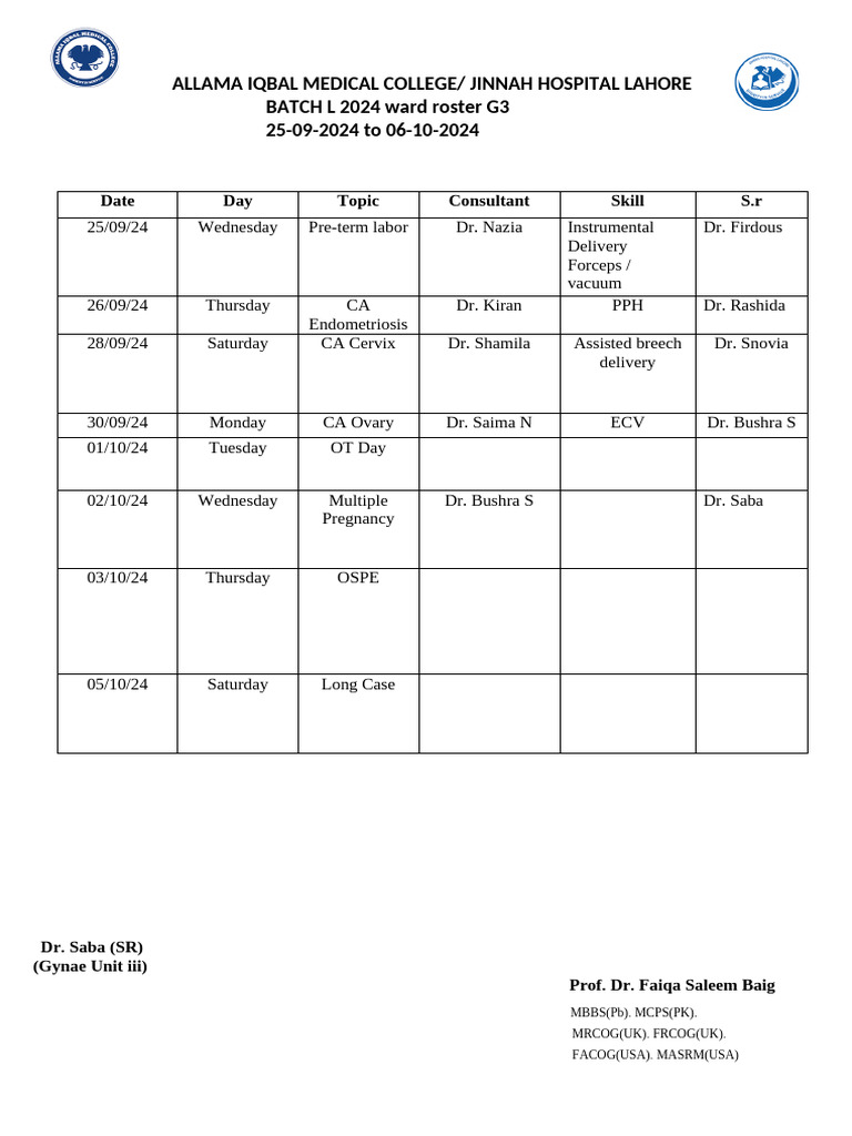 Iqbal Medical College Ward Roster 2024 | PDF