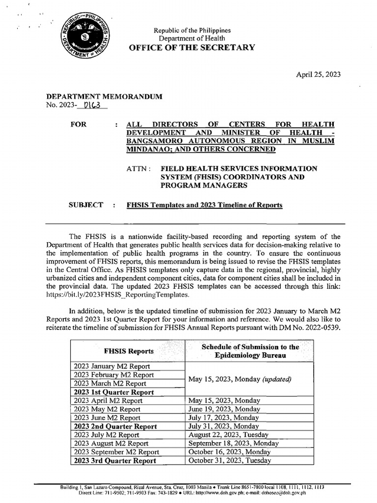 DM No. 2023-0163 FHSIS Templates & 2023 Timeline of Reports ...