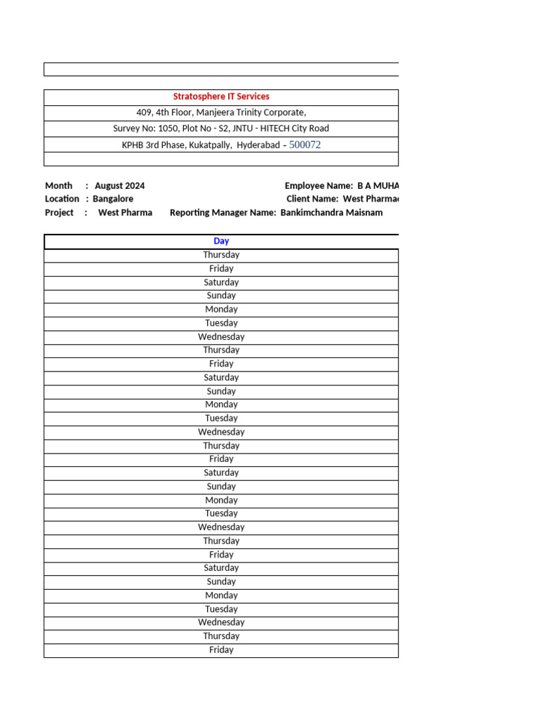 Time Sheet Aug - 2024 | PDF