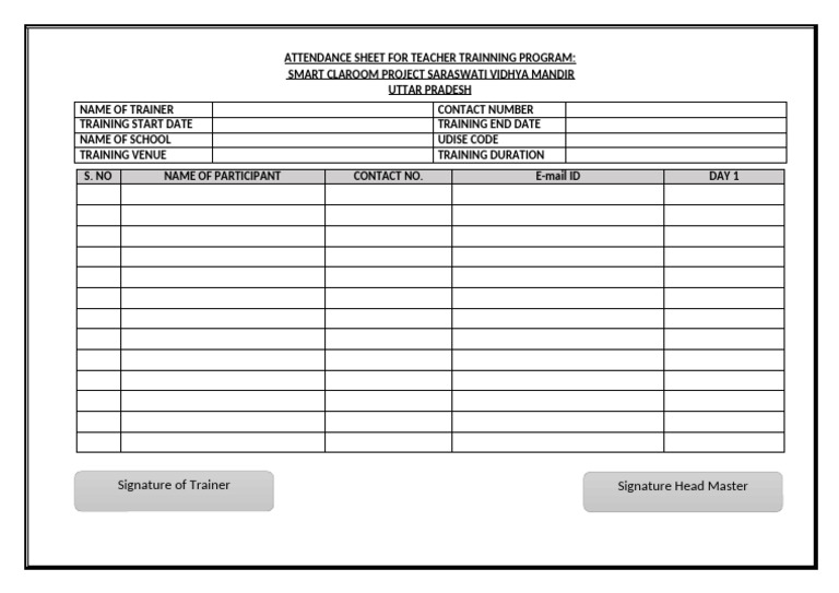 01 Day Attendence Sheet For Teachers Training Program | PDF