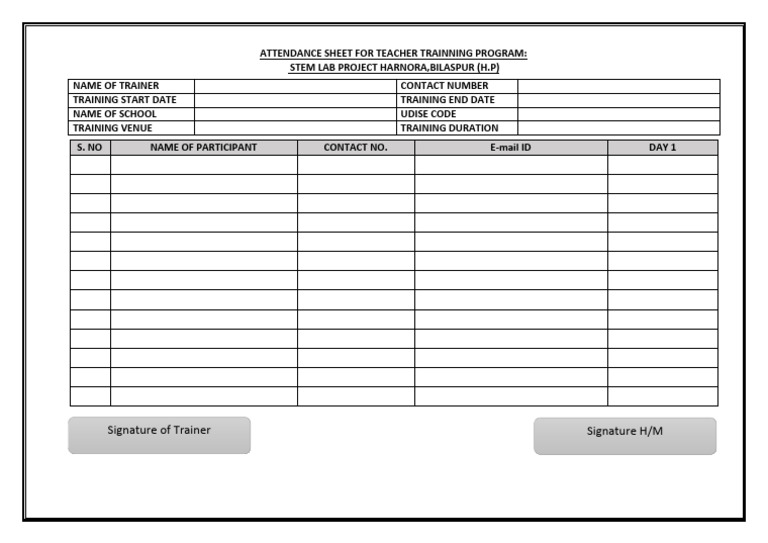 STEM LAB, 01 Day Attendence Sheet For Teachers Training Program | PDF