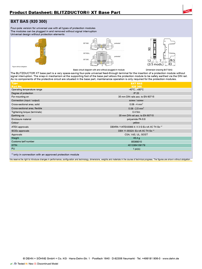 BXT BAS (920 300) : Product Datasheet: BLITZDUCTOR® XT Base Part | PDF | Manufactured Goods ...