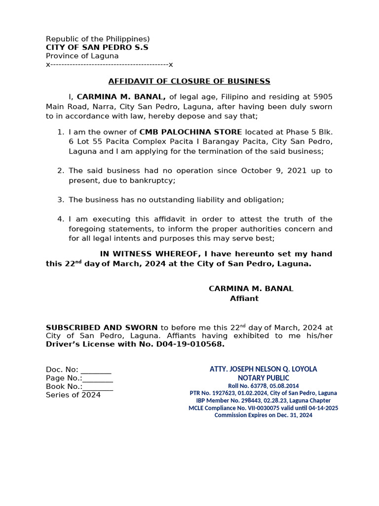 Affidavit of Closure of Business | PDF