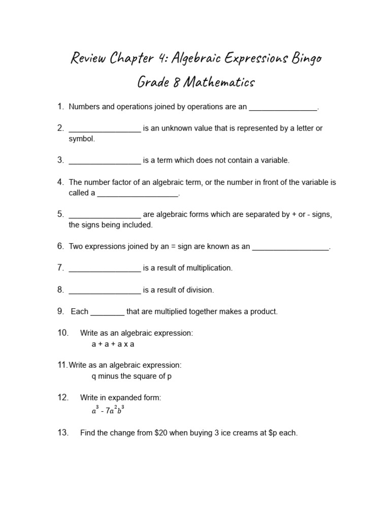 Review Chapter 4 - Algebraic Expressions Bingo | PDF