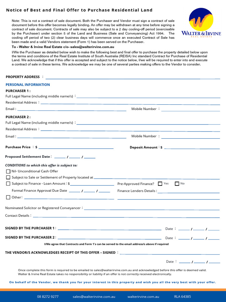 Walter Irvine - Best and Final Offer to Purchase Residential Land | PDF ...